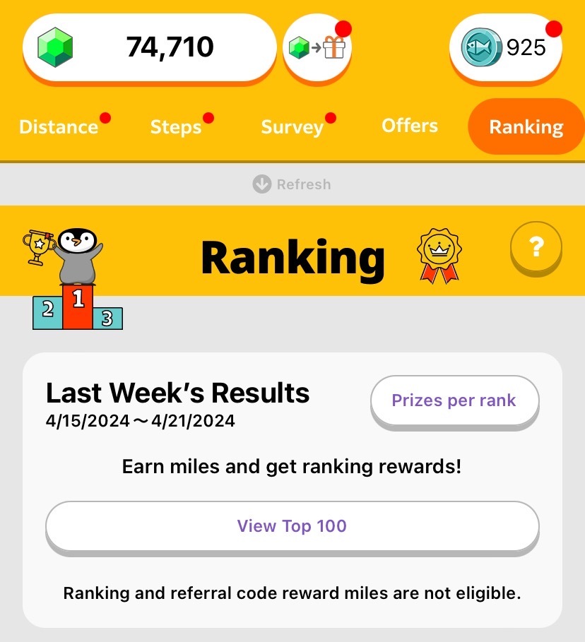 Earn Miles based on ranking – Help